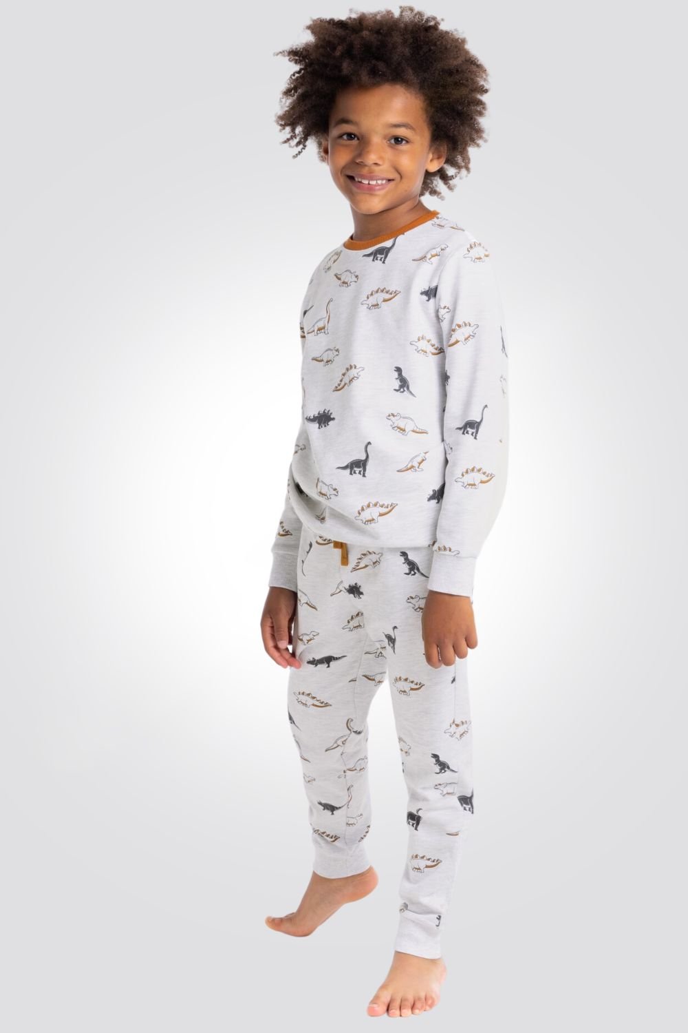 סט פיג'מה ילדים שרוול ארוך אפור בהיר מלאנג' עפ הדפס דינואזורים OKAIDI – MASHBIR//365